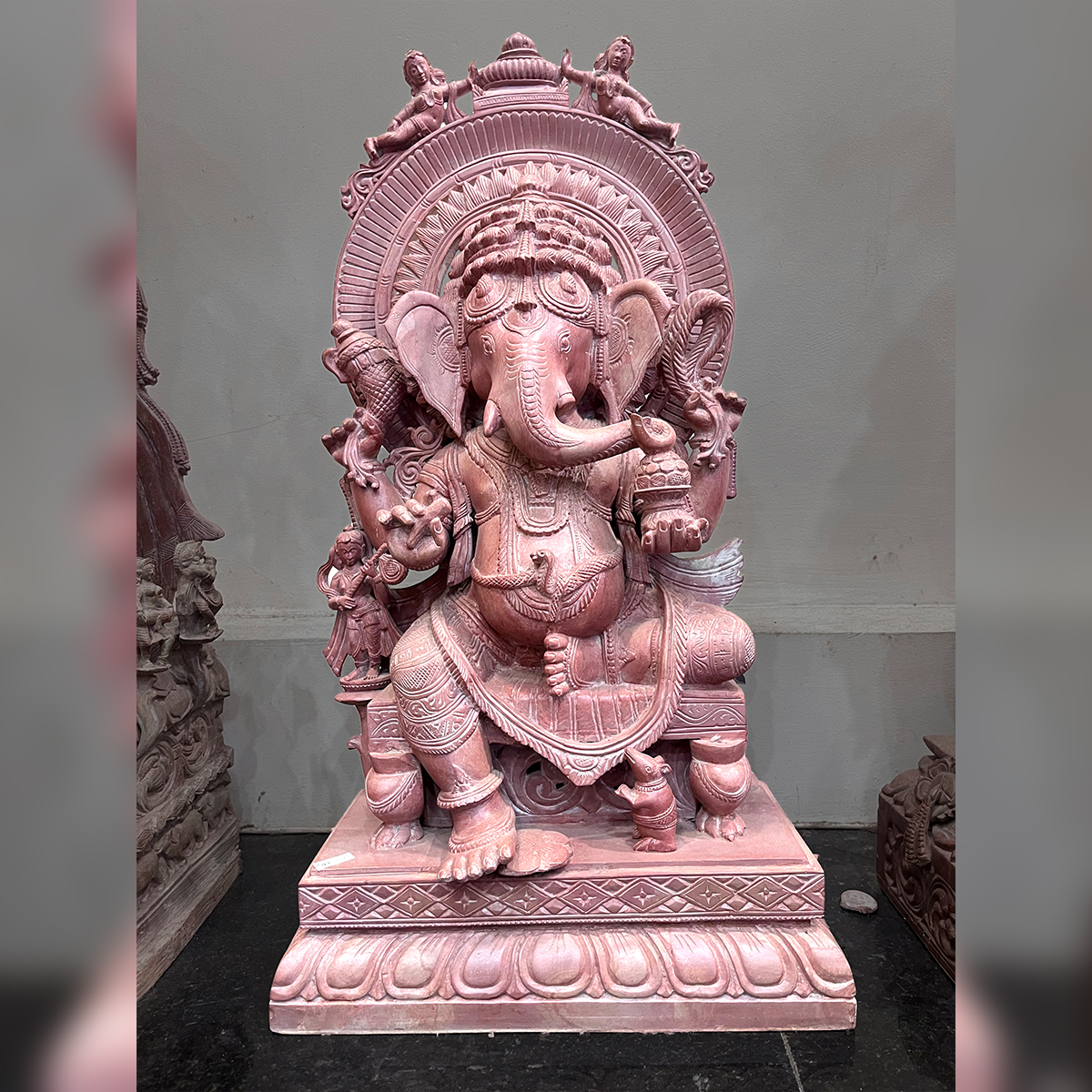 Lord Ganesha on Singhasana Special Red Stone Statue - Utkalika Odisha