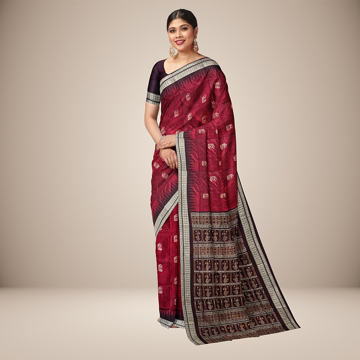 Boat Motif Temple Border Bomkai Silk Saree - Utkalika Odisha