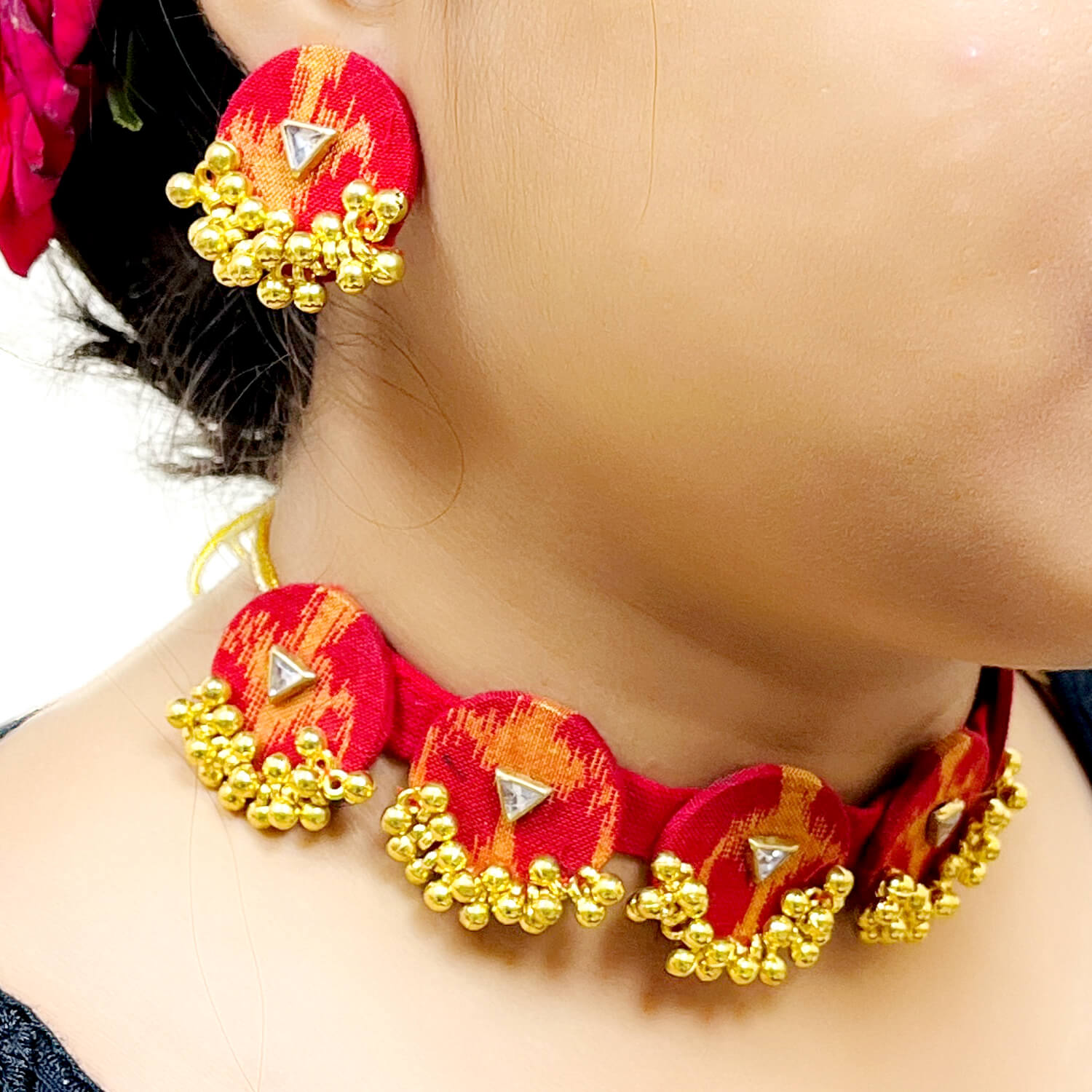 Sambalpuri Fabric Choker Necklace & Earrings Set - Utkalika Odisha