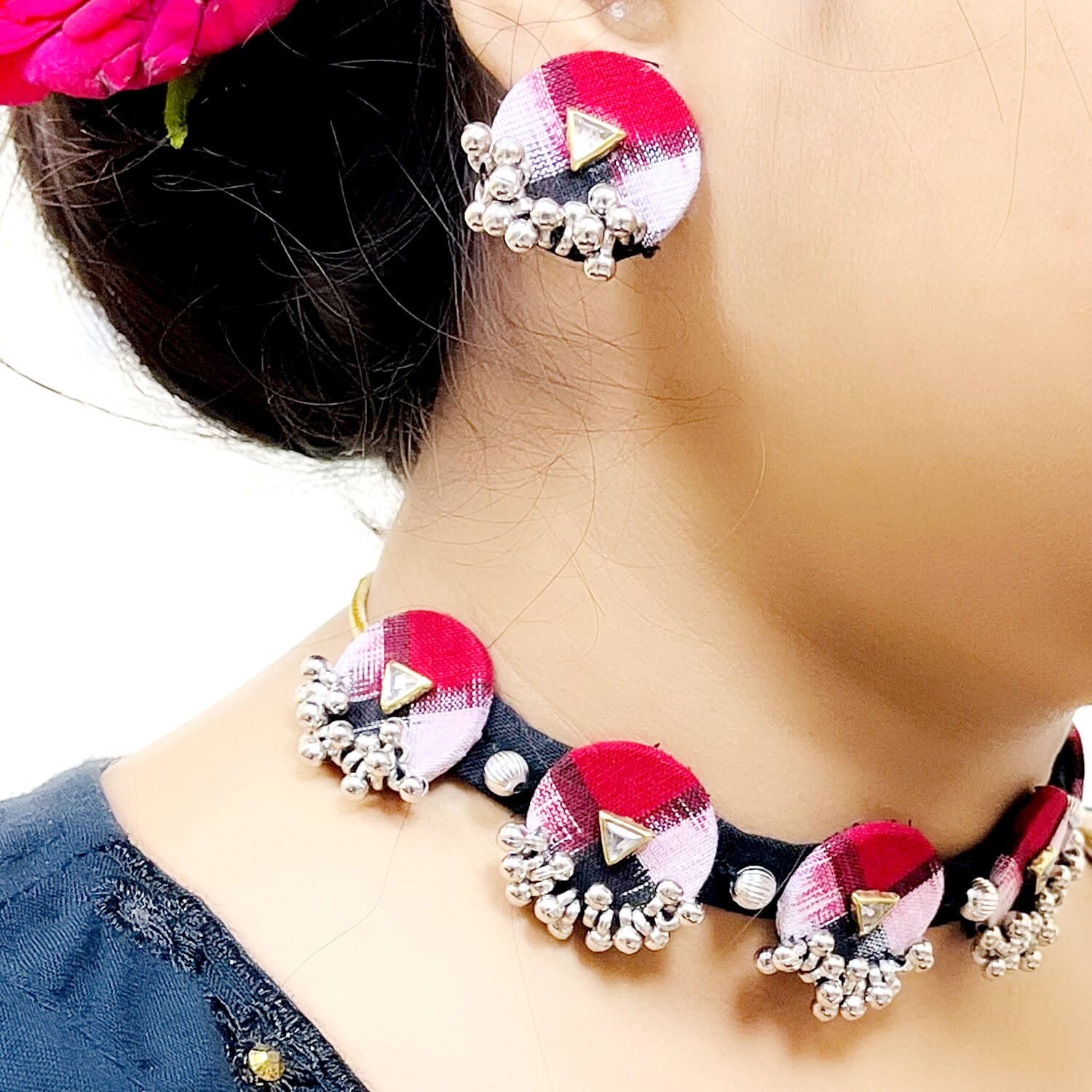 Sambalpuri Fabric Choker Necklace & Earrings Set - Utkalika Odisha