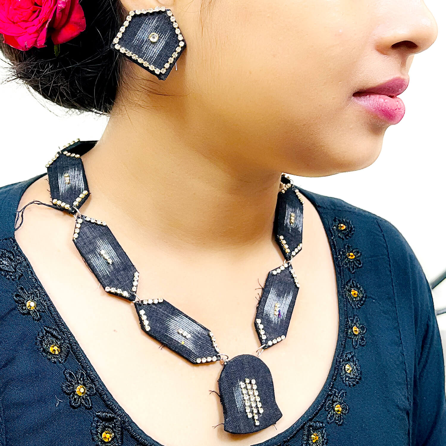 Sambalpuri Fabric Necklace & Earrings Set - Utkalika Odisha