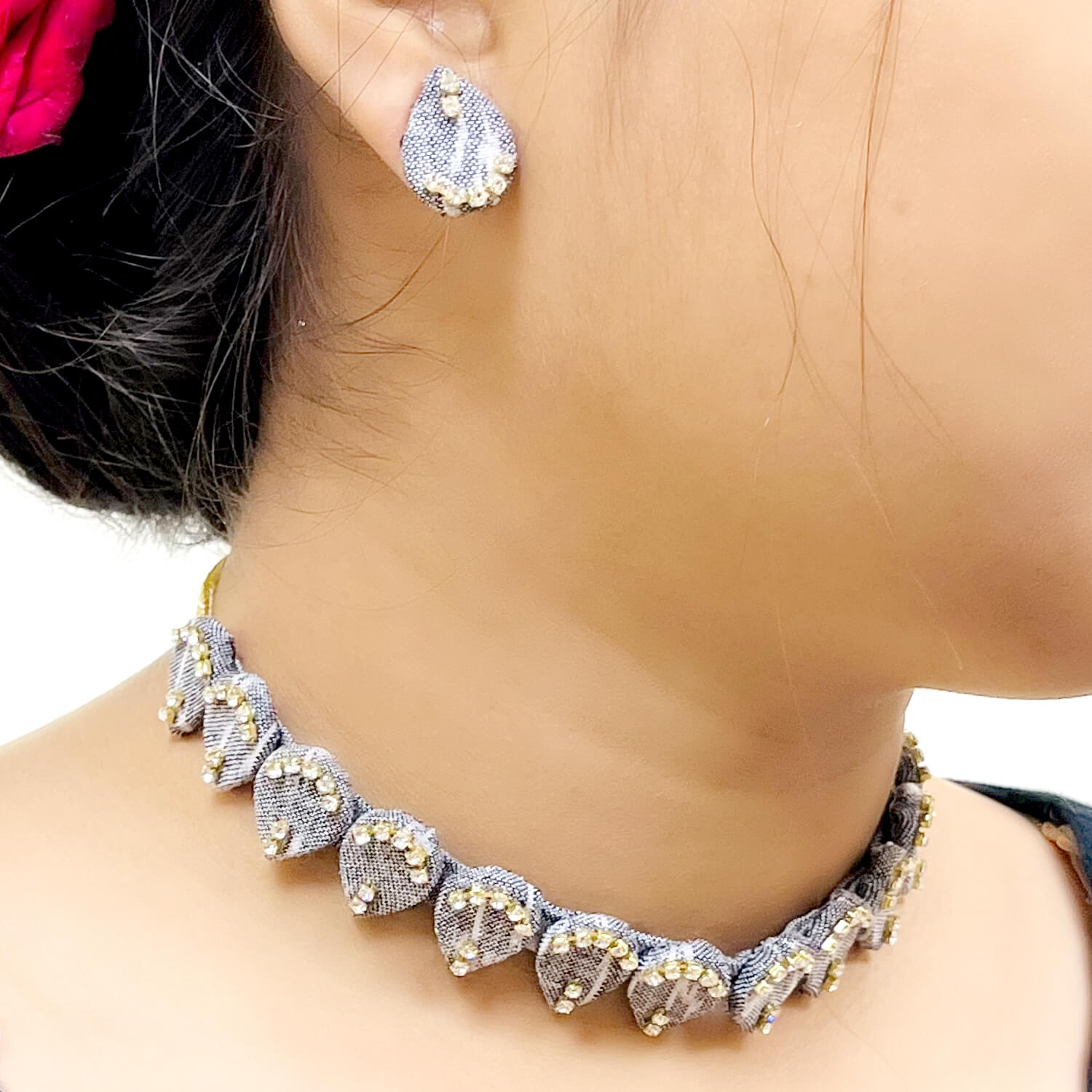 Sambalpuri Fabric Choker Necklace & Earrings Set - Utkalika Odisha