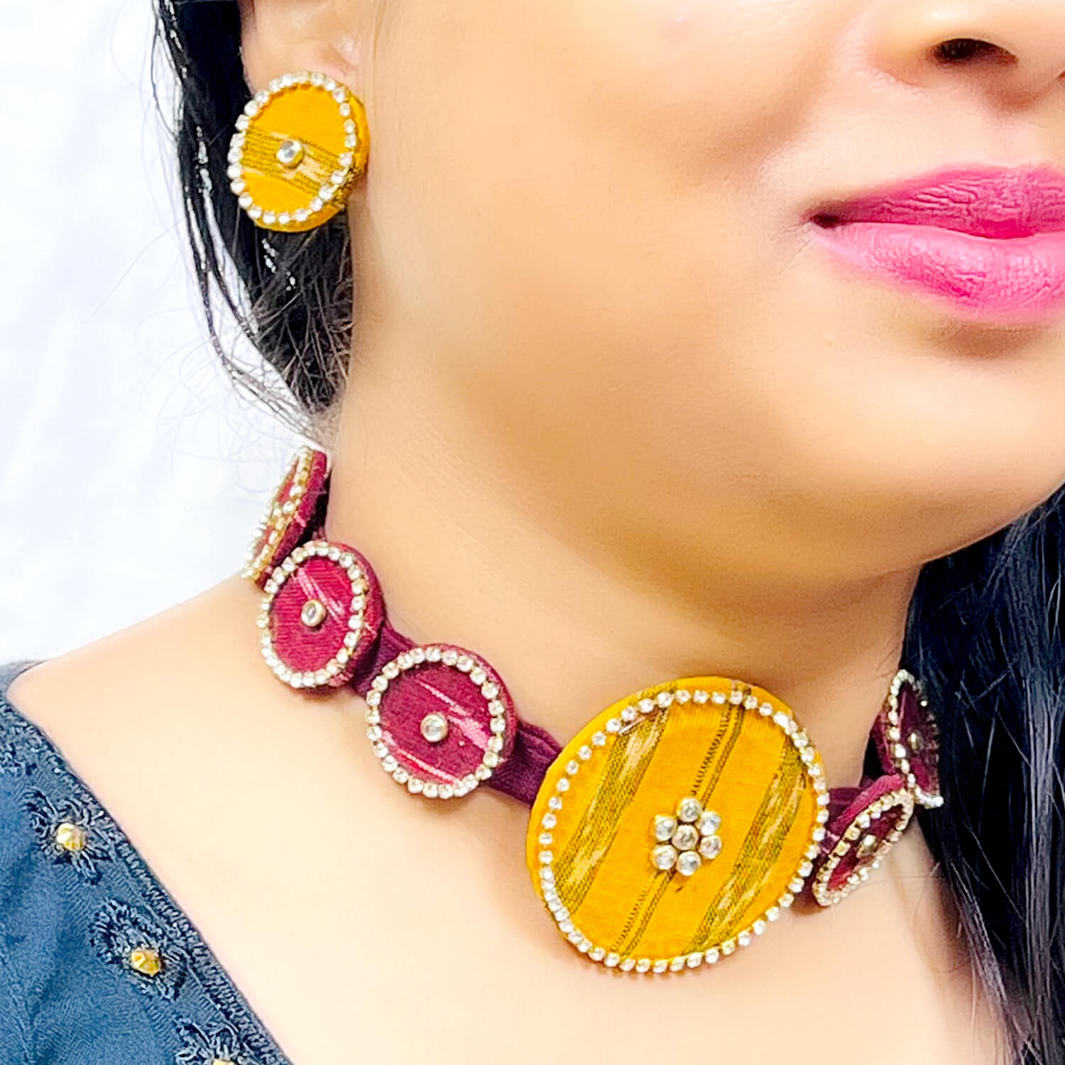 Sambalpuri Fabric Choker Necklace & Earrings Set - Utkalika Odisha
