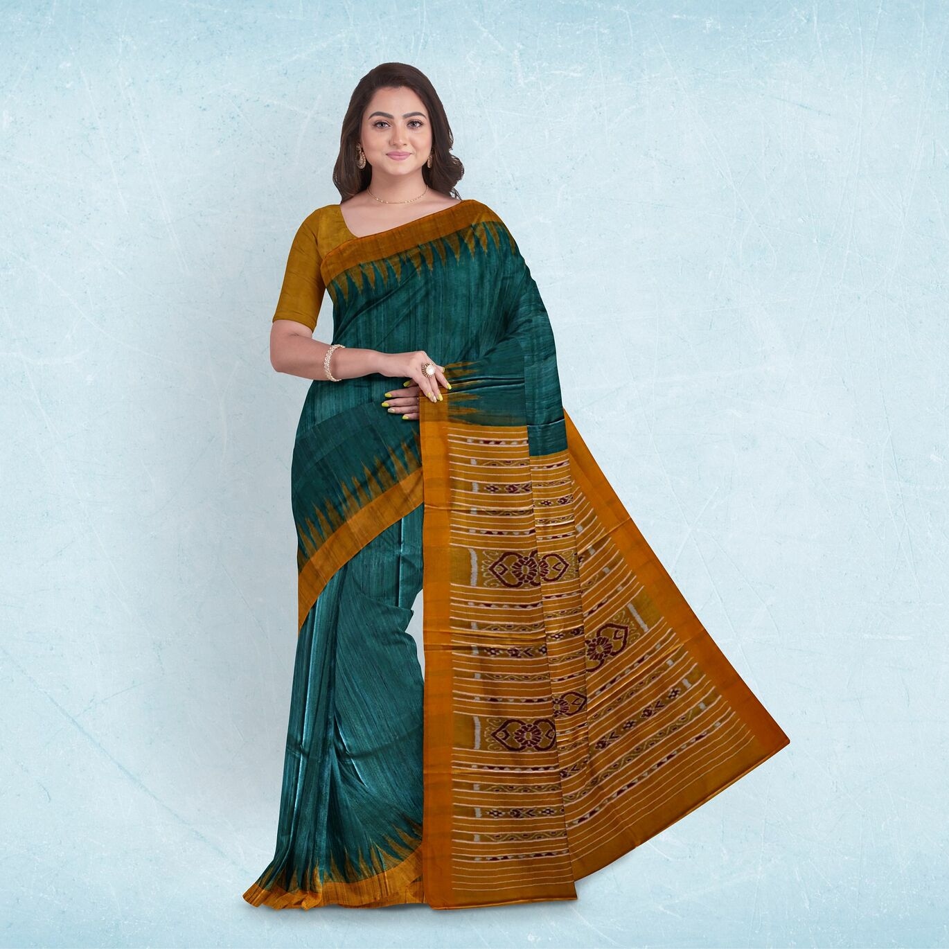 Dark Slate Gray Temple Border Tussar Silk Saree - Utkalika Odisha