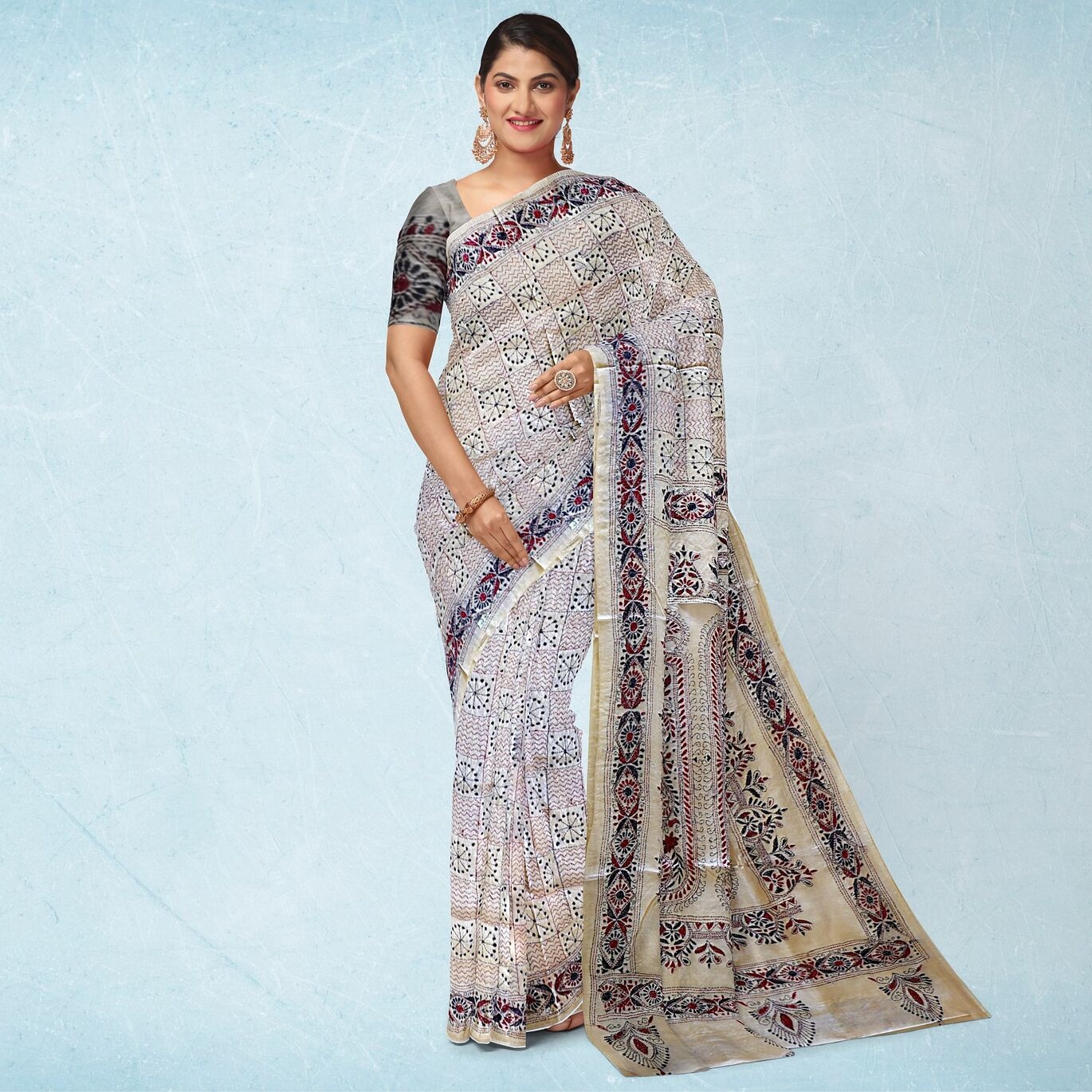 Pastel Gray Kantha Stitch Tussar Silk Saree - Utkalika Odisha
