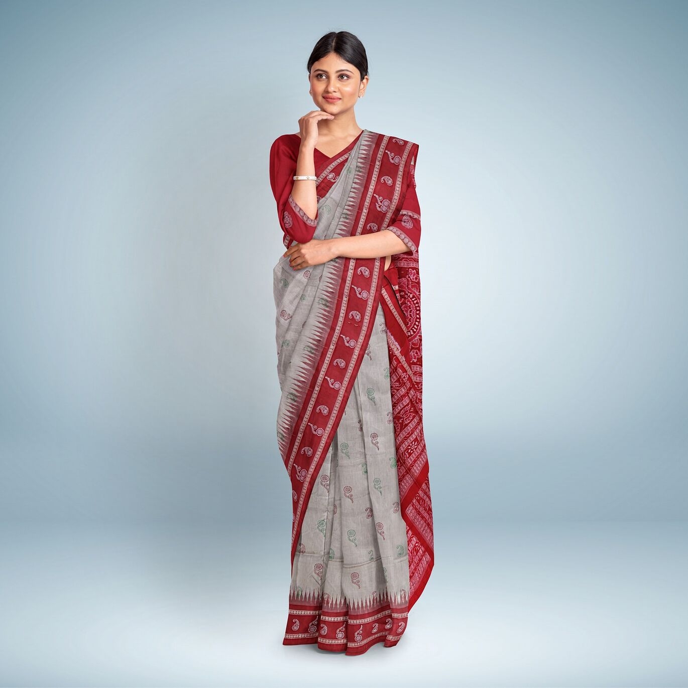 American Silver Temple Border Bomkai Silk Saree - Utkalika Odisha