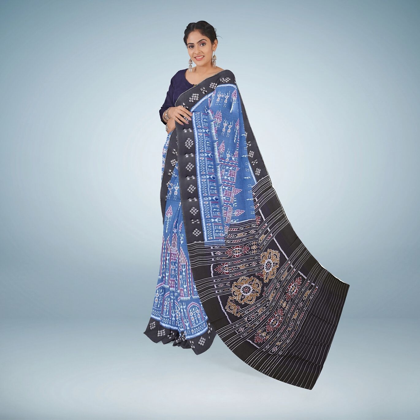 Nuapatana Tribal Design Cotton Saree With Blouse Piece ( Dark Blue-Gray ...