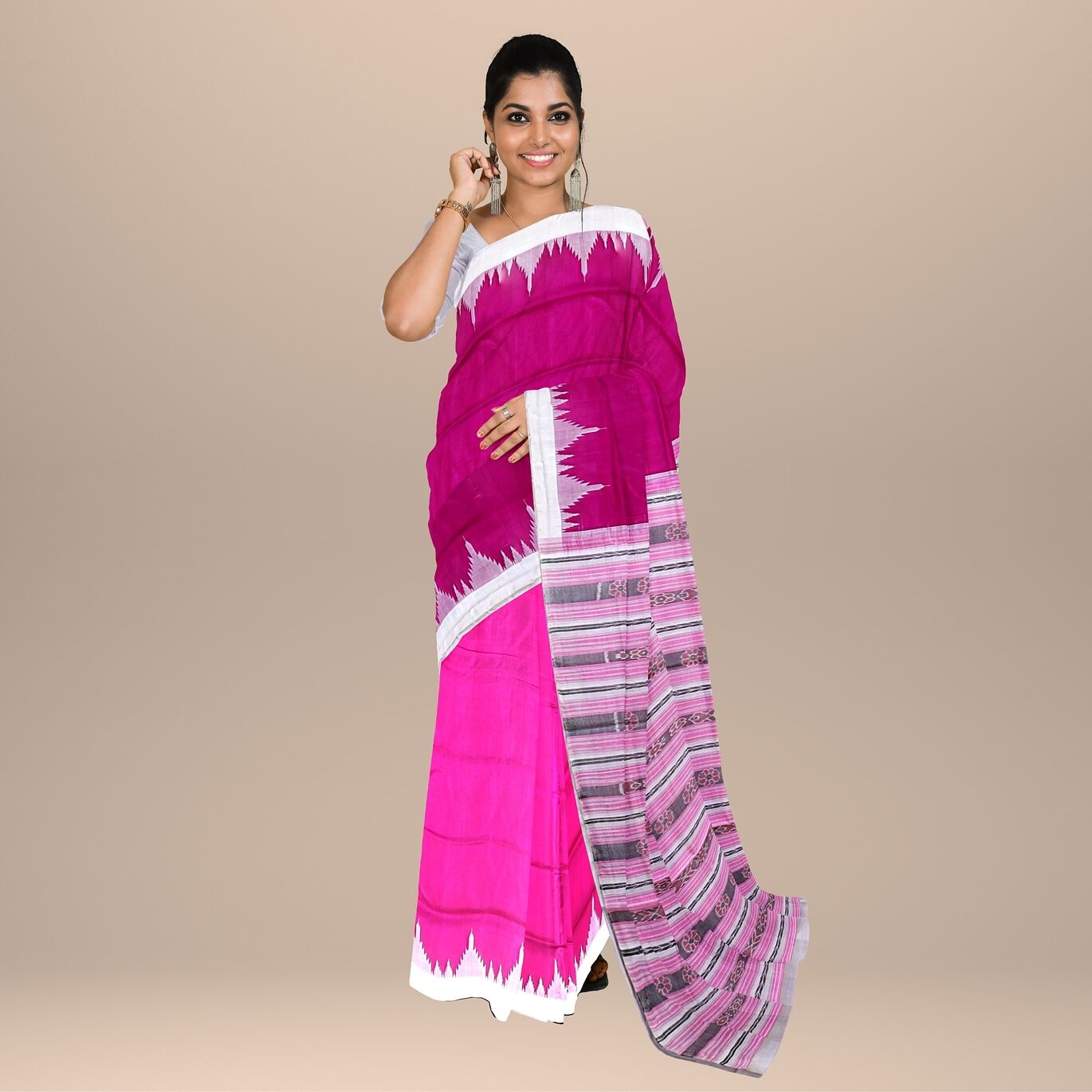 Medium Violet-Red Temple Border Tussar Silk Saree - Utkalika Odisha