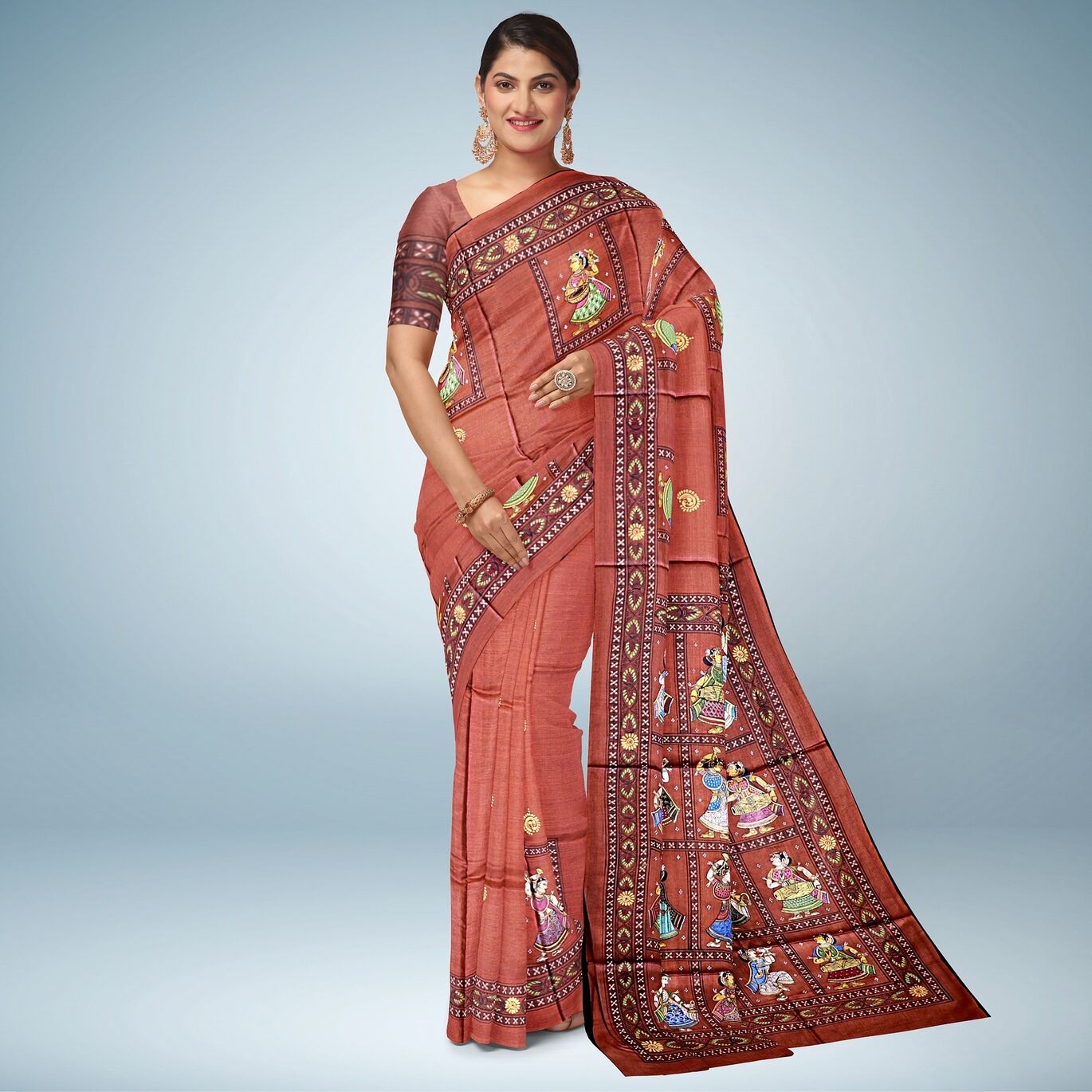 Indian Red Dancing Devadasi Box Patten Patachitra Saree - Utkalika Odisha