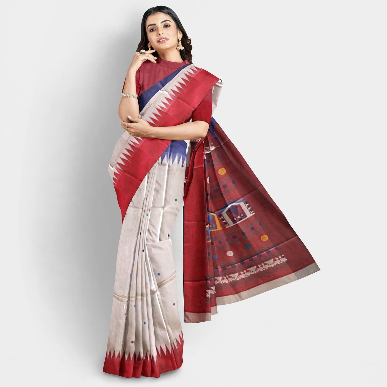 Pastel Gray Temple Border Tussar Silk Saree - Utkalika Odisha