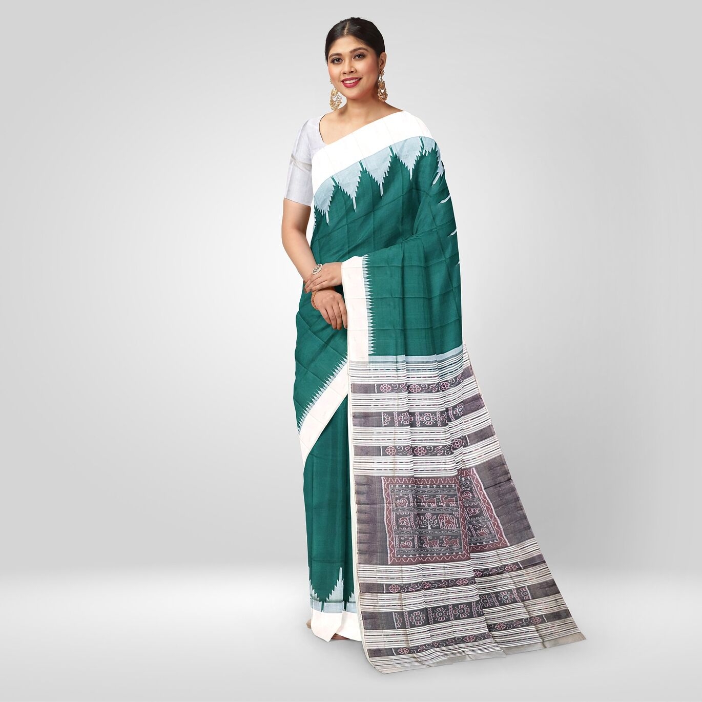 Dark Slate Gray Temple Border Sambalpuri Silk Saree - Utkalika Odisha