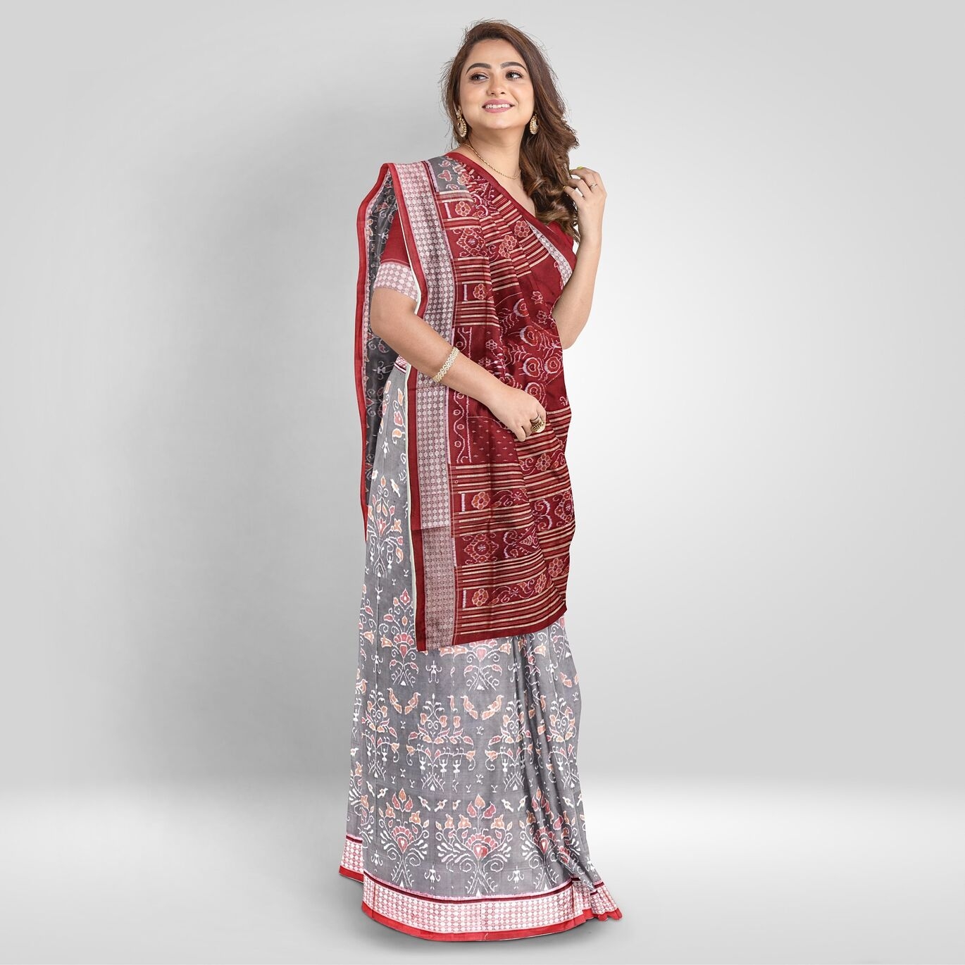 Philippine Gray Flower Design Sambalpuri Silk Saree - Utkalika Odisha